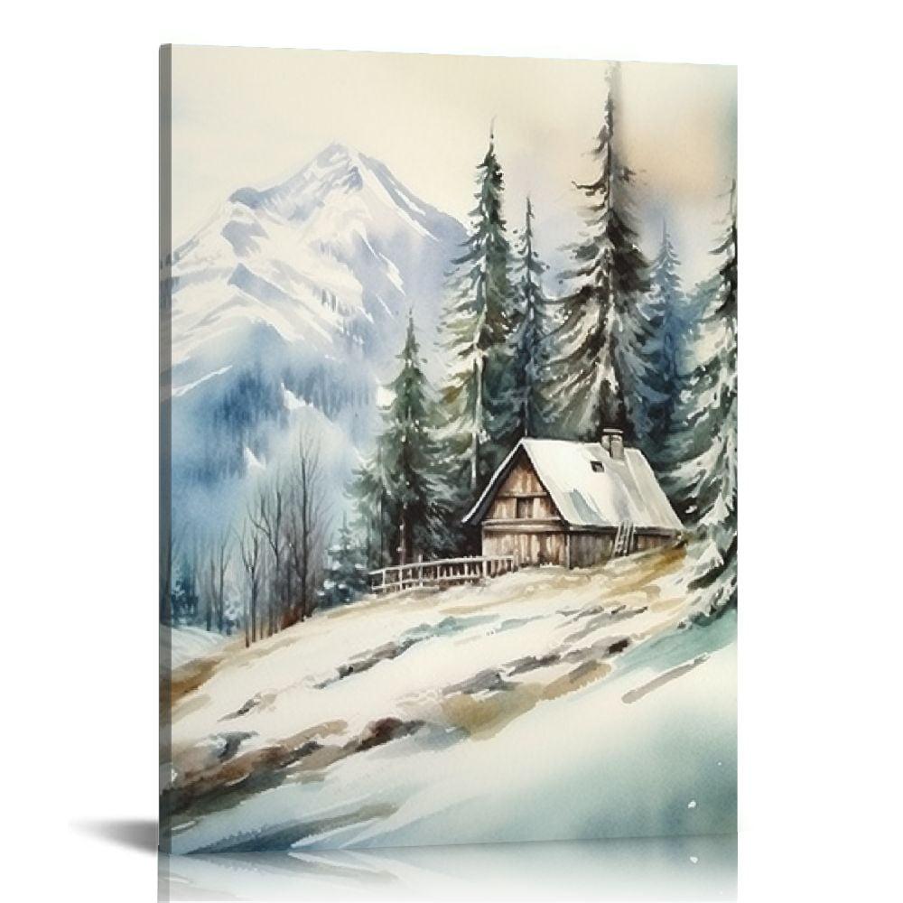JEUXUS Framed Canvas Print Wall Art Winter Snow Pine Tree Forest Cabin ...