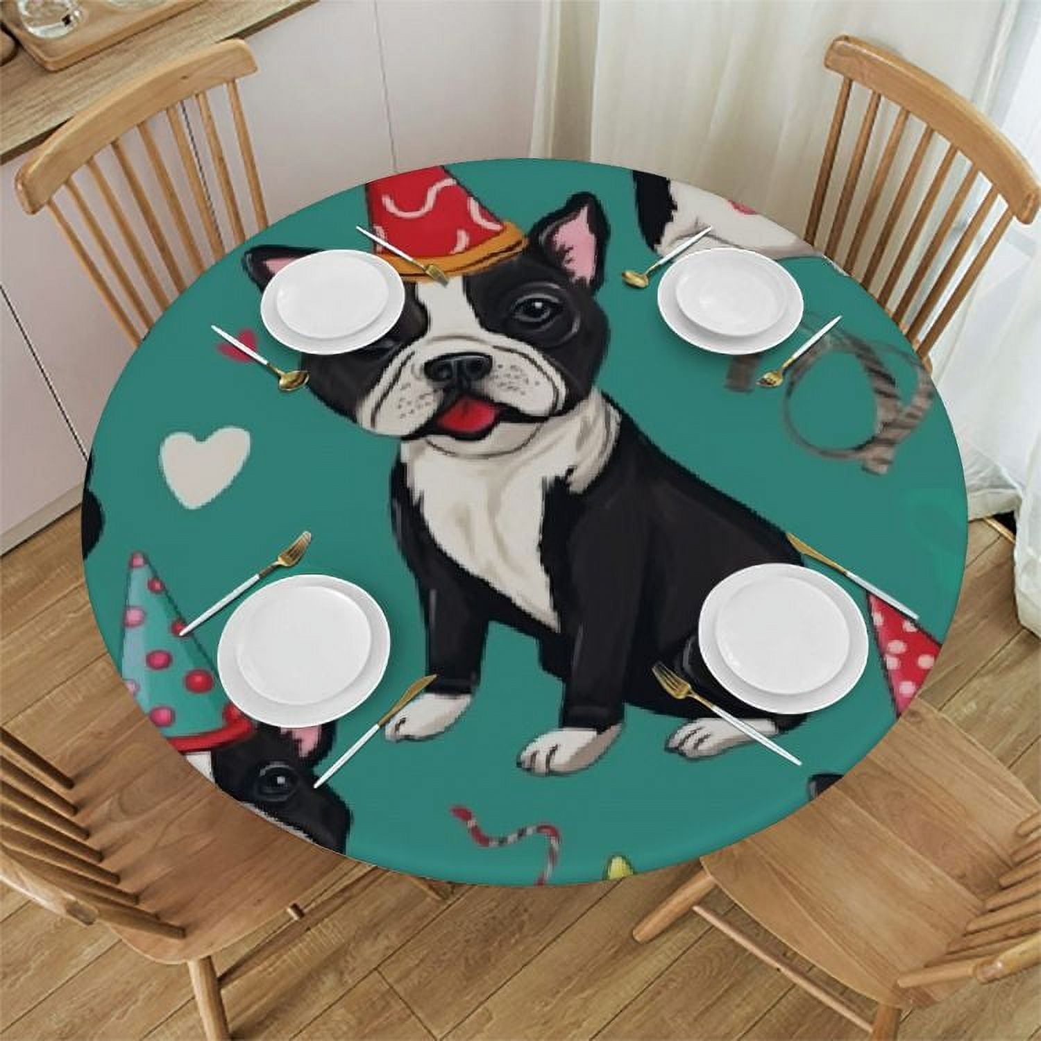 JEUXUS French Bulldog Elastic Edged Fitted Round Tablecloth,Dog Round ...