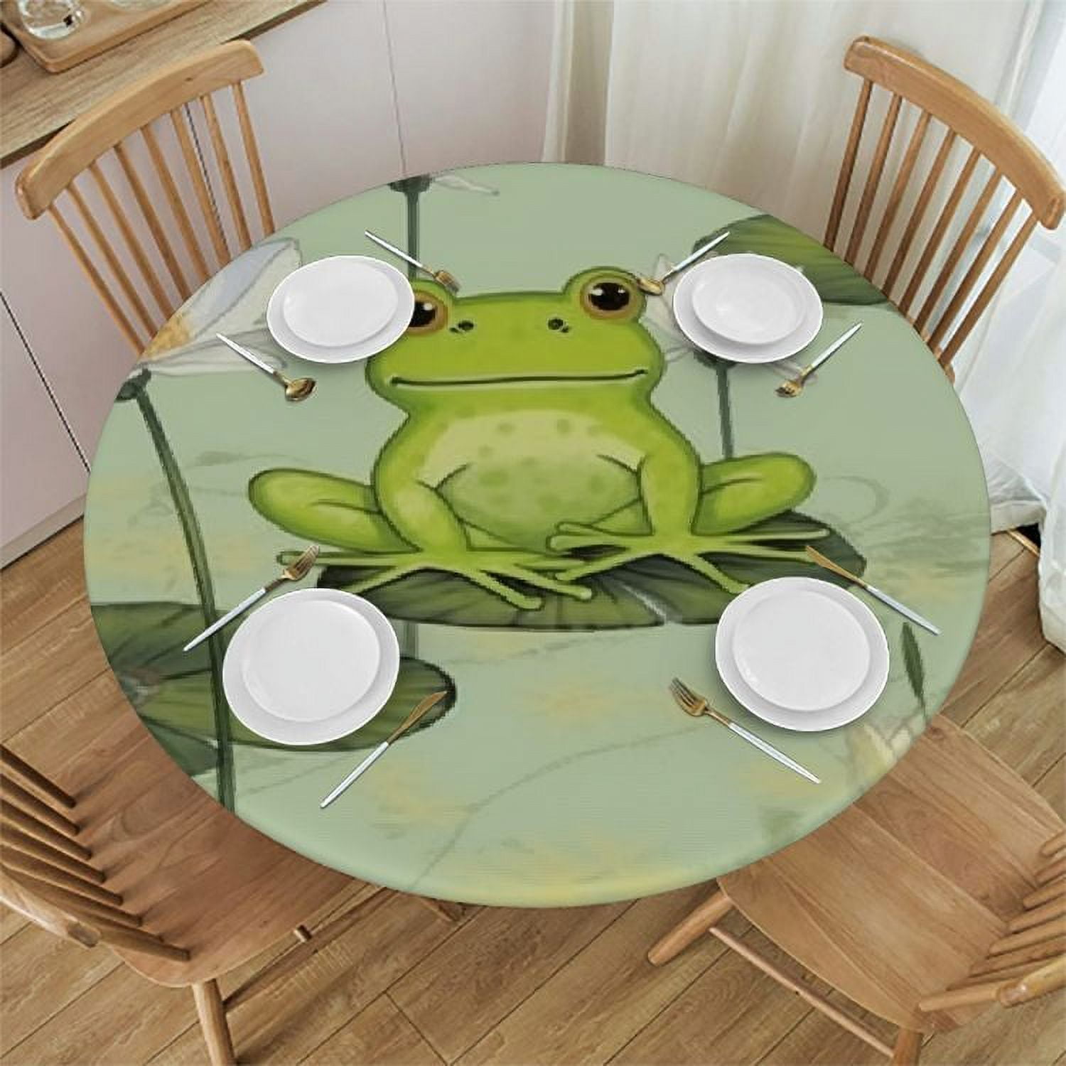 RUIYC Frog Dragonflies Round Fitted Tablecloth with Elastic Edge Table ...