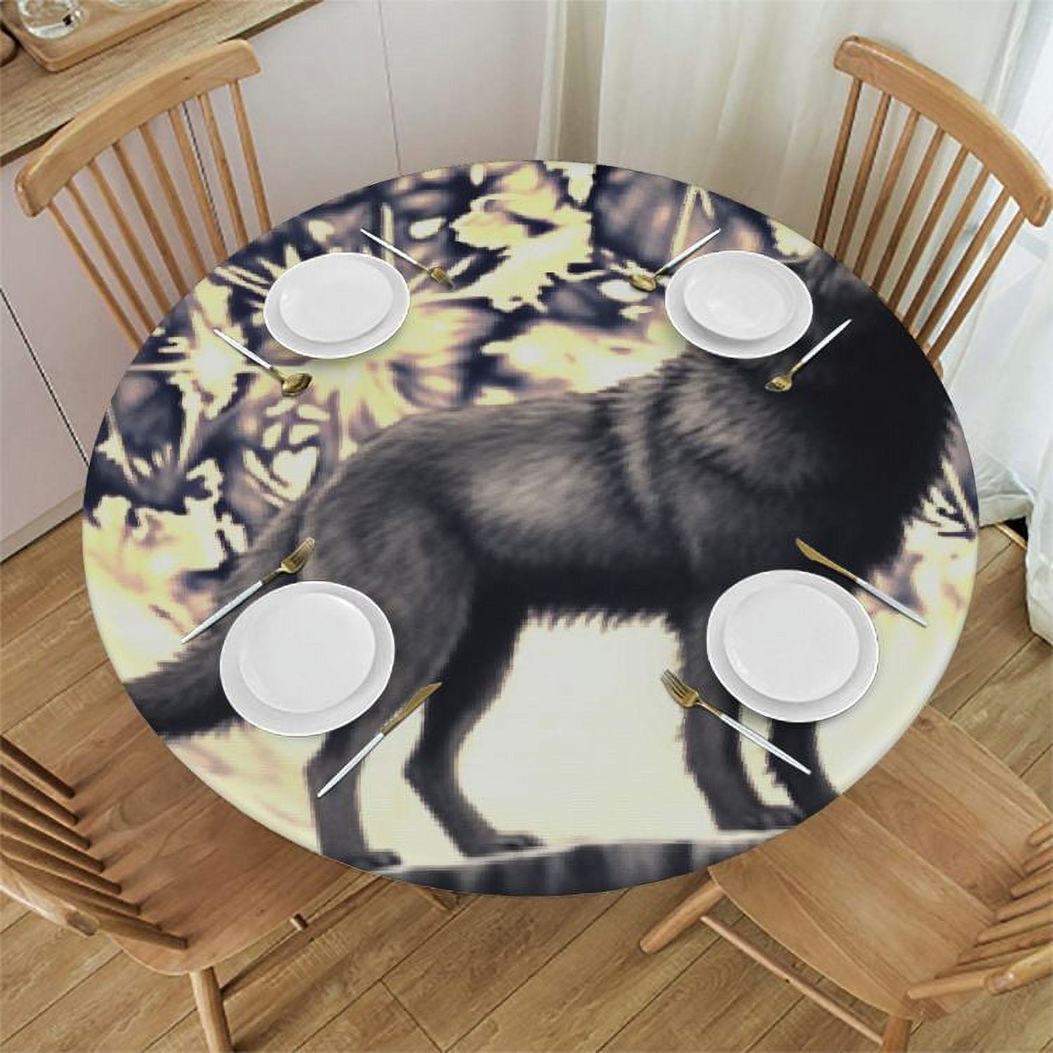 JEUXUS Full Moon Howling Wolf Fitted Round Tablecloth Waterproof Table ...