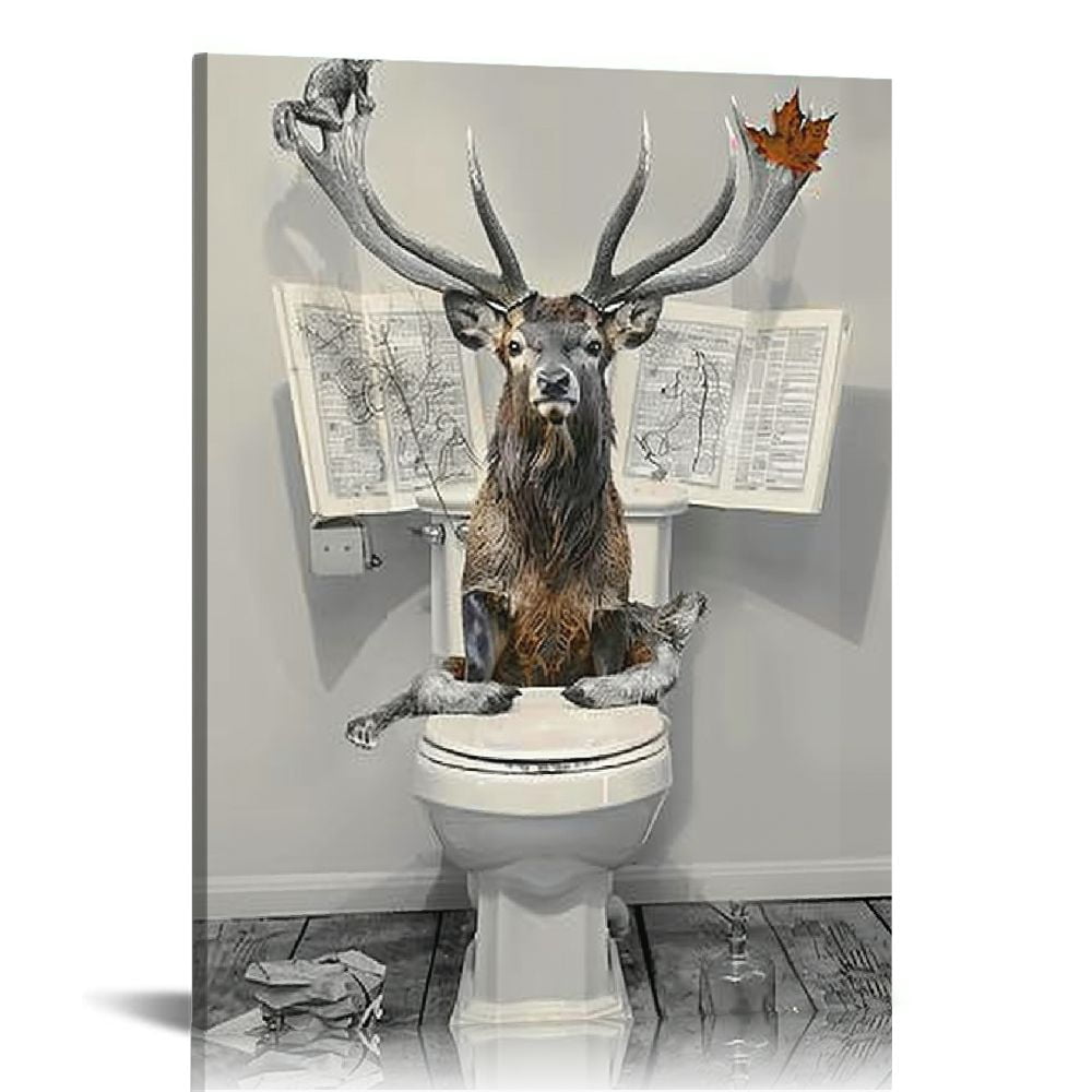 JEUXUS Funny Deer Bathroom Wall Decoration Black and White Canvas Deer ...