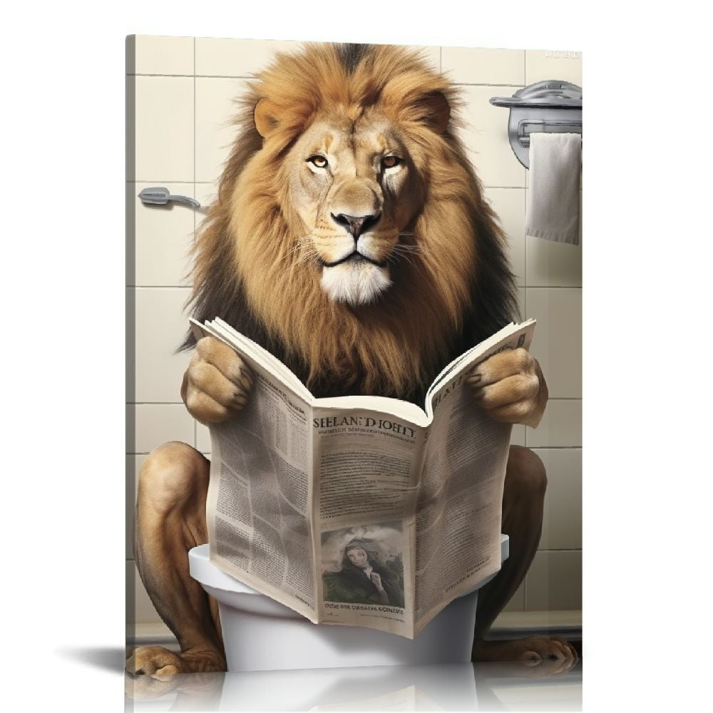 JEUXUS Funny Lion Bathroom Canvas Wall Art Cute Lion In Toilet Posters ...