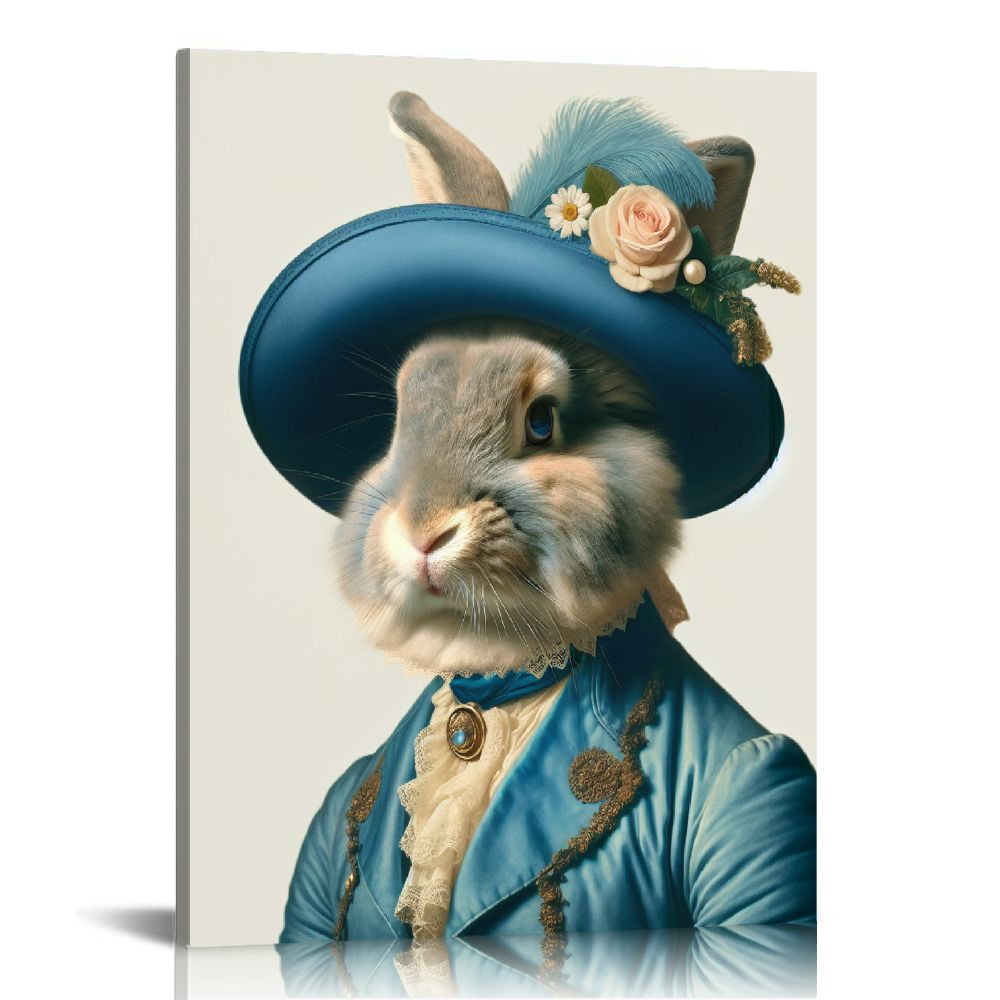 JEUXUS Funny Rabbit Portrait Canvas Framed Wall Art Dressed Bunny ...