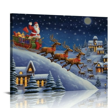 LED Lighted Santa and Reindeer Making Deliveries Christmas Canvas Wall ...