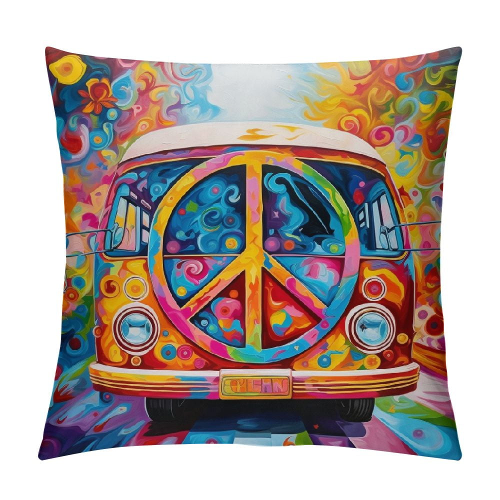 RUIYC Groovy Retro 70s Rainbow Peace Sign Daisy Mushroom Throw Pillow ...