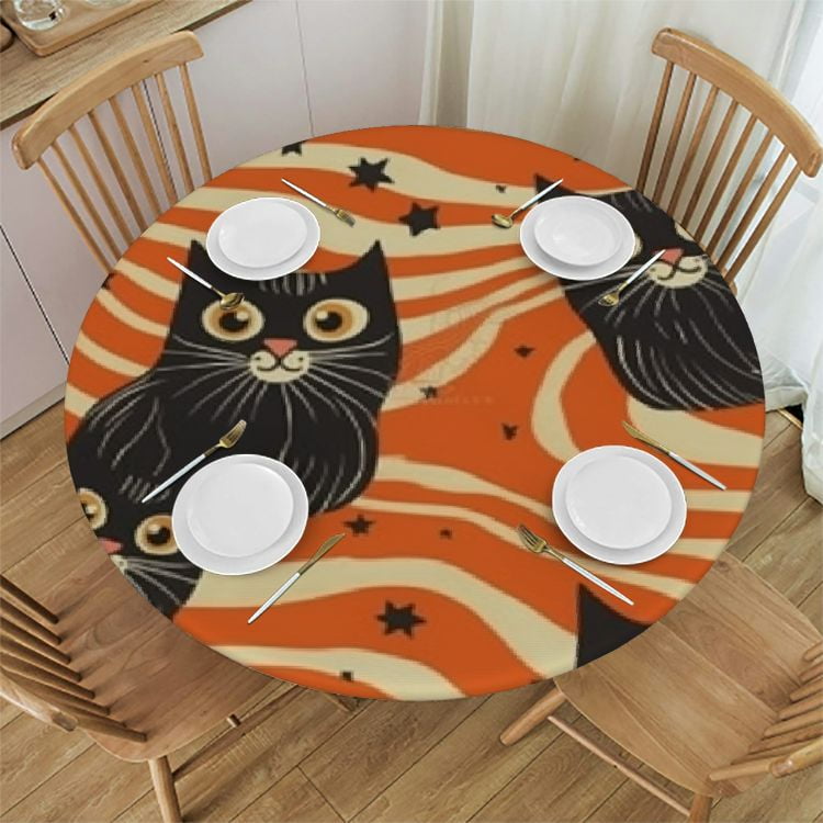 JEUXUS Halloween Black Cat Wave Round Tablecloth with Elastic Fitted ...