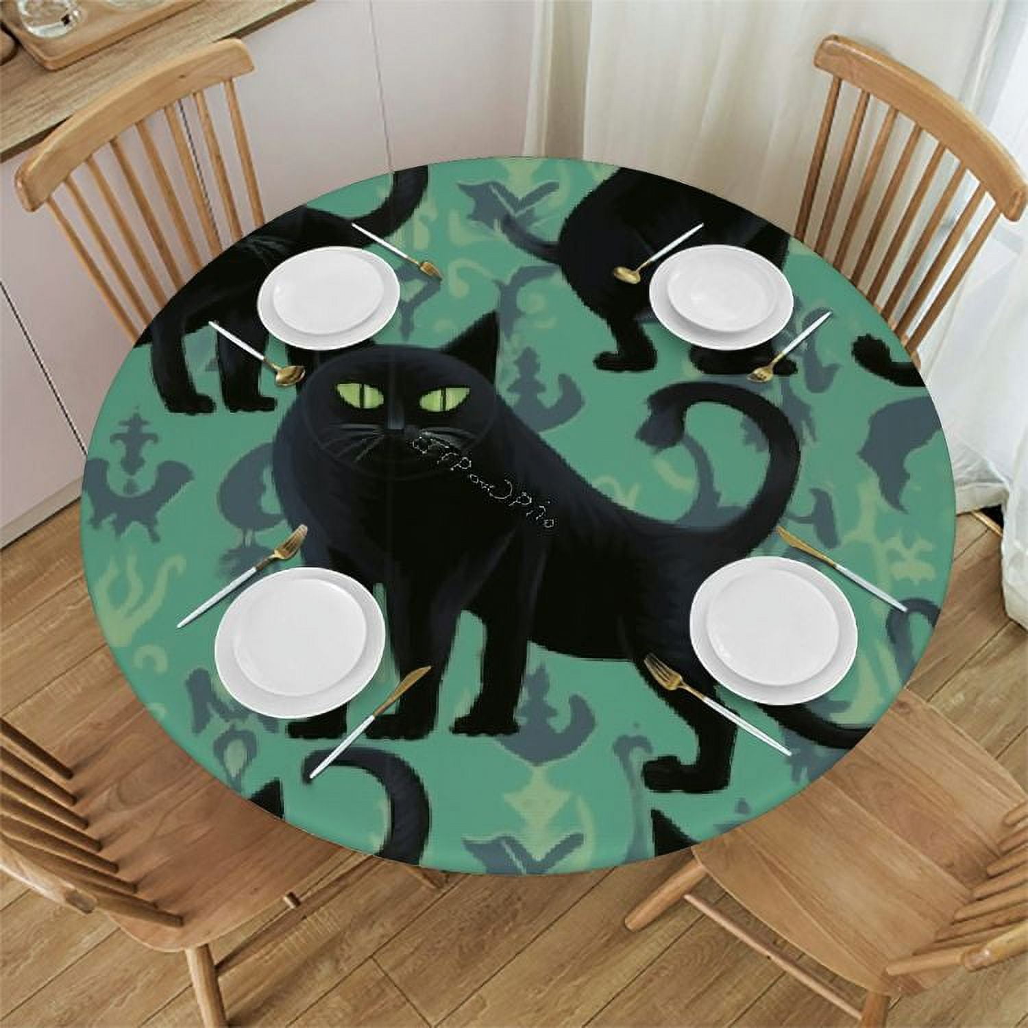 JEUXUS Halloween Cat Round Tablecloth with Elastic Picnic Tablecloth ...