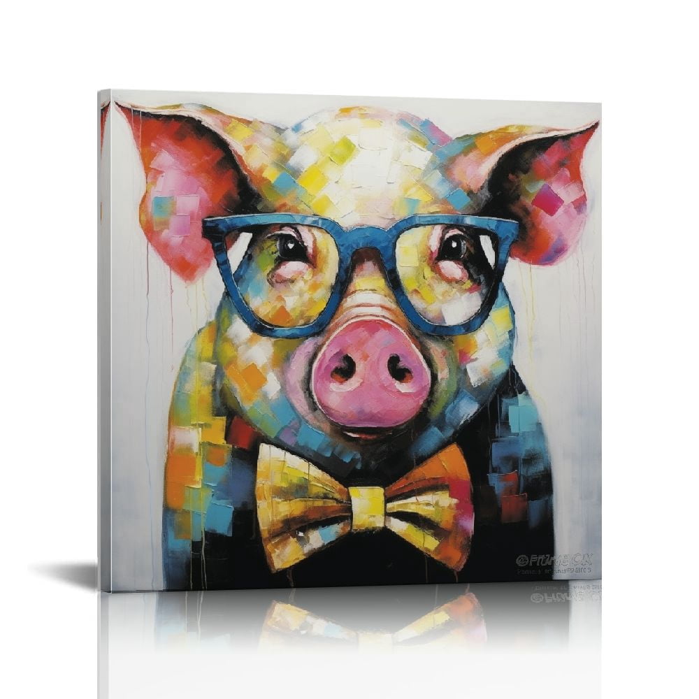 JEUXUS Hand Painted Cute Pig with Glasses Canvas Oil Paintings for ...