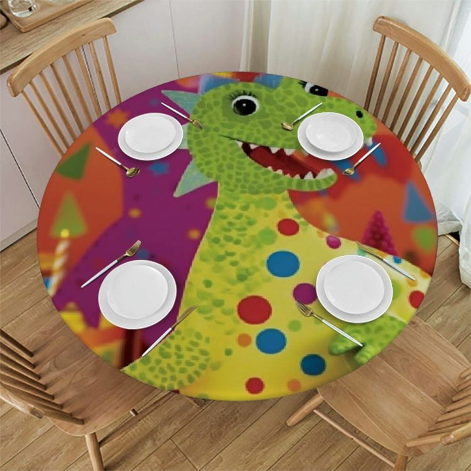 JEUXUS Happy Birthday Dinosaurs Round Tablecloth with Elastic Edge ...