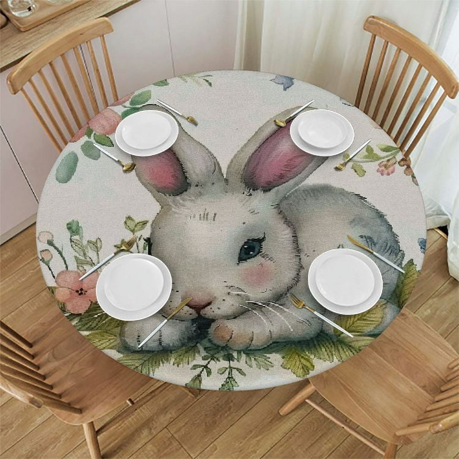 JEUXUS Happy Easter Round Fitted Tablecloths Bunny Tail Spring Flower ...