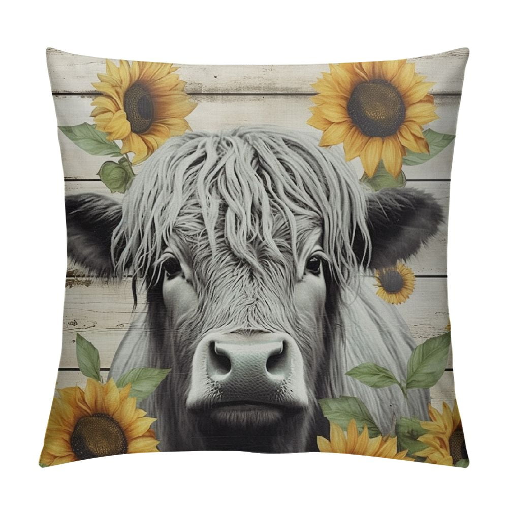 JEUXUS Highland Cow Decorative Pillow Cover，with Sunflowers Cattle ...