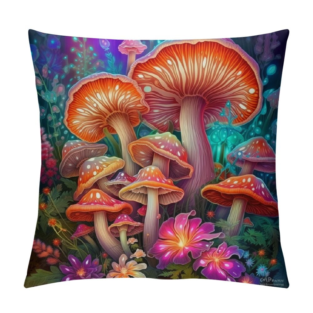 Jeuxus Hot Pink Preppy Mushrooms Flowers Nature Farmhouse Throw Pillow