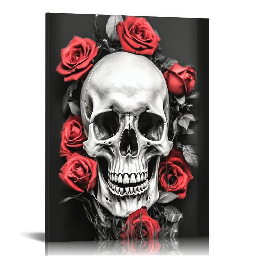 JEUXUS Human Skull Canvas Wall Art Sugar Skull with Red Rose Flower ...
