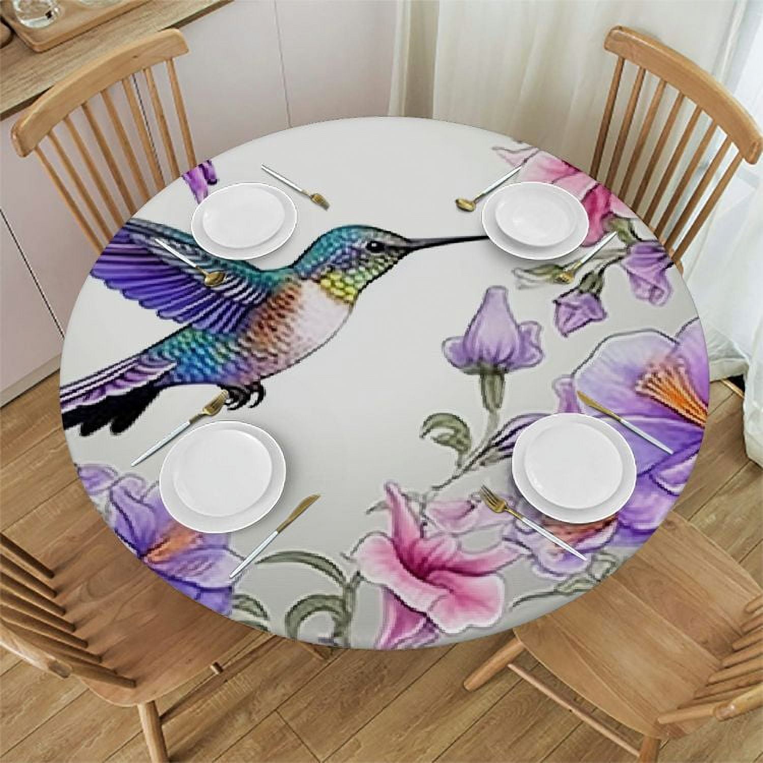 JEUXUS Hummingbird Floral Fitted Tablecloth Round, Butterfly Elastic ...