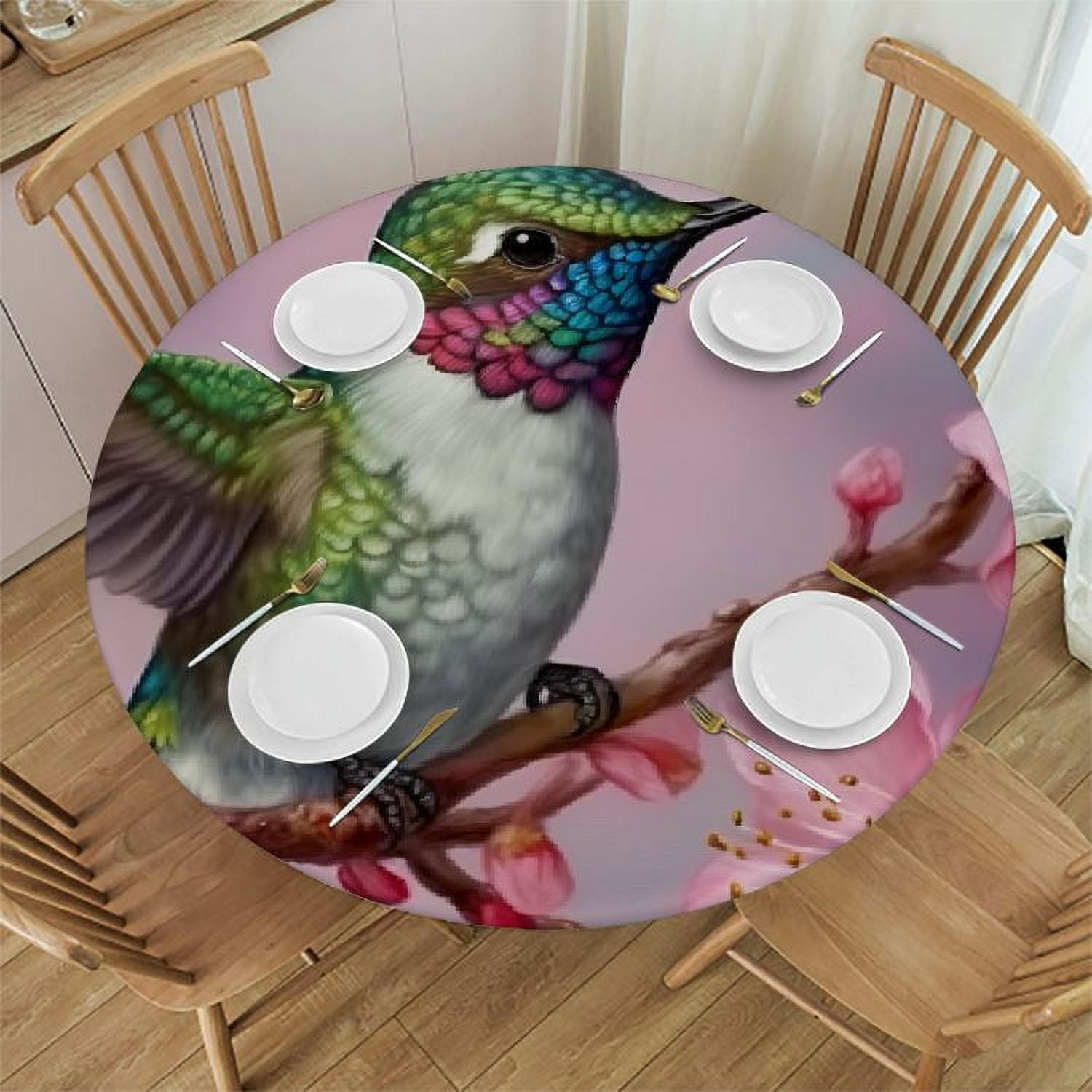 JEUXUS Hummingbird Kitchen Fitted Tablecloth for Round Table,Pink ...