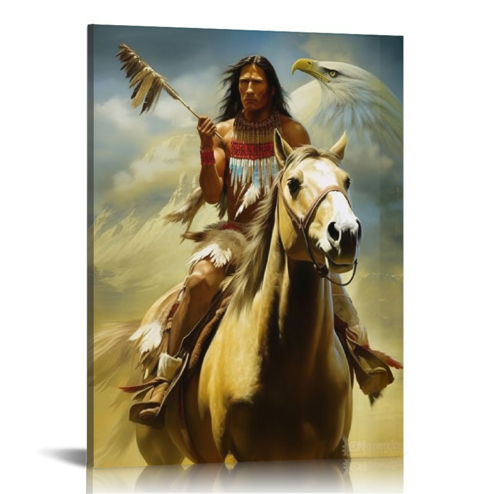 JEUXUS Indian Brave Warrior and Eagle Native American Poster Canvas ...