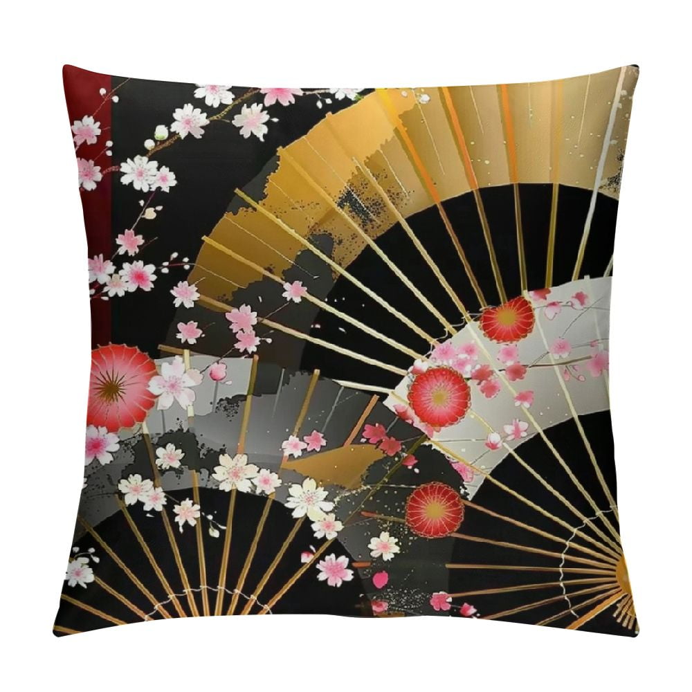 JEUXUS Japanese Fan Throw Pillow Covers Cherry Blossom Branch ...