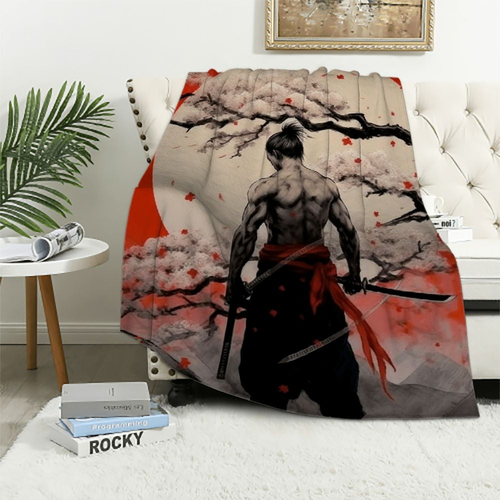 JEUXUS Japanese Samurai Style Flannel Throw Blankets Soft Cozy Print ...