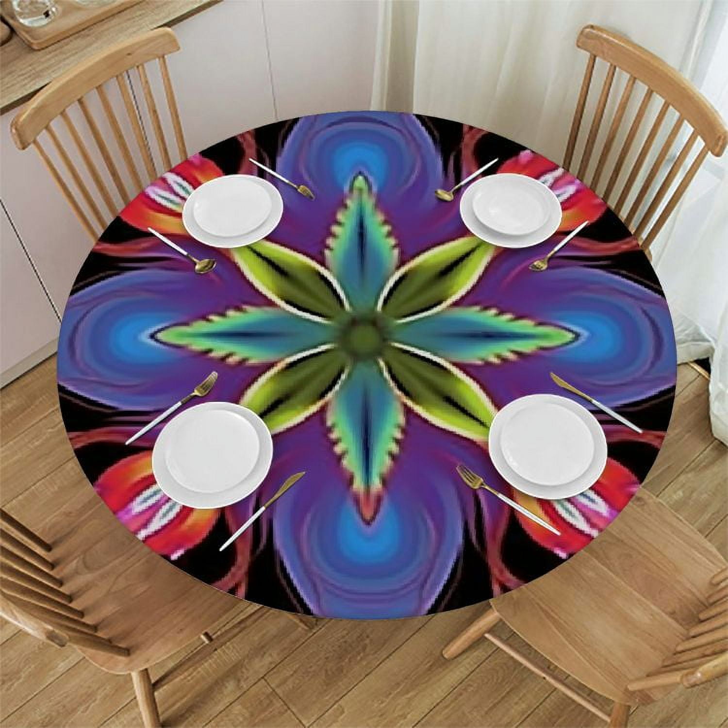 JEUXUS Kitchen Decoration Round Table Top Cover Datura Geometric Retro ...
