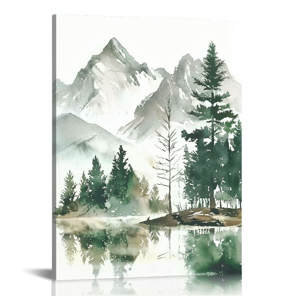 JEUXUS Large Framed Mountain Canvas Wall Art Watercolor Forest ...