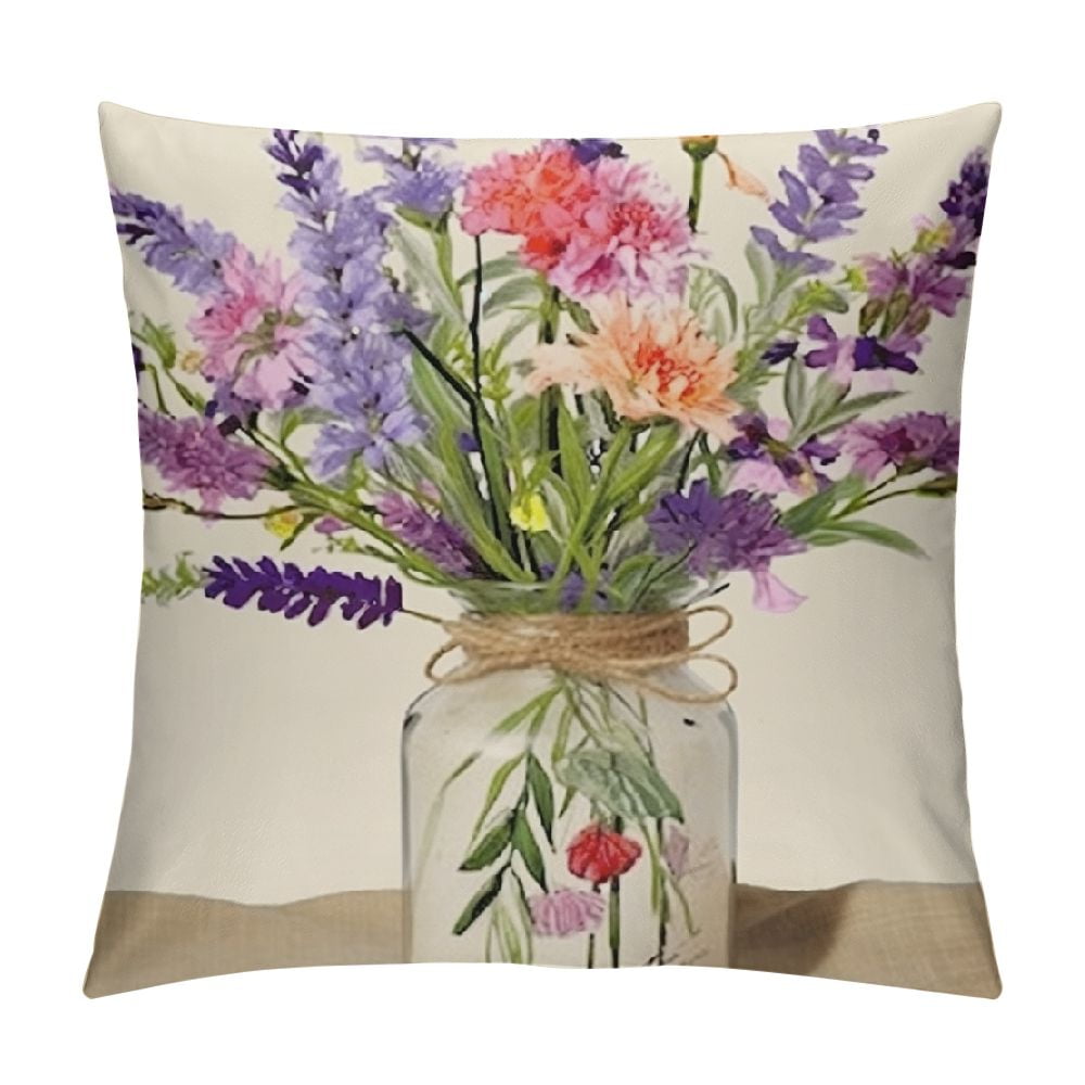RUIYC Lavender Farmhouse Pillow Covers Lavender Mason Jar Spring Summer ...
