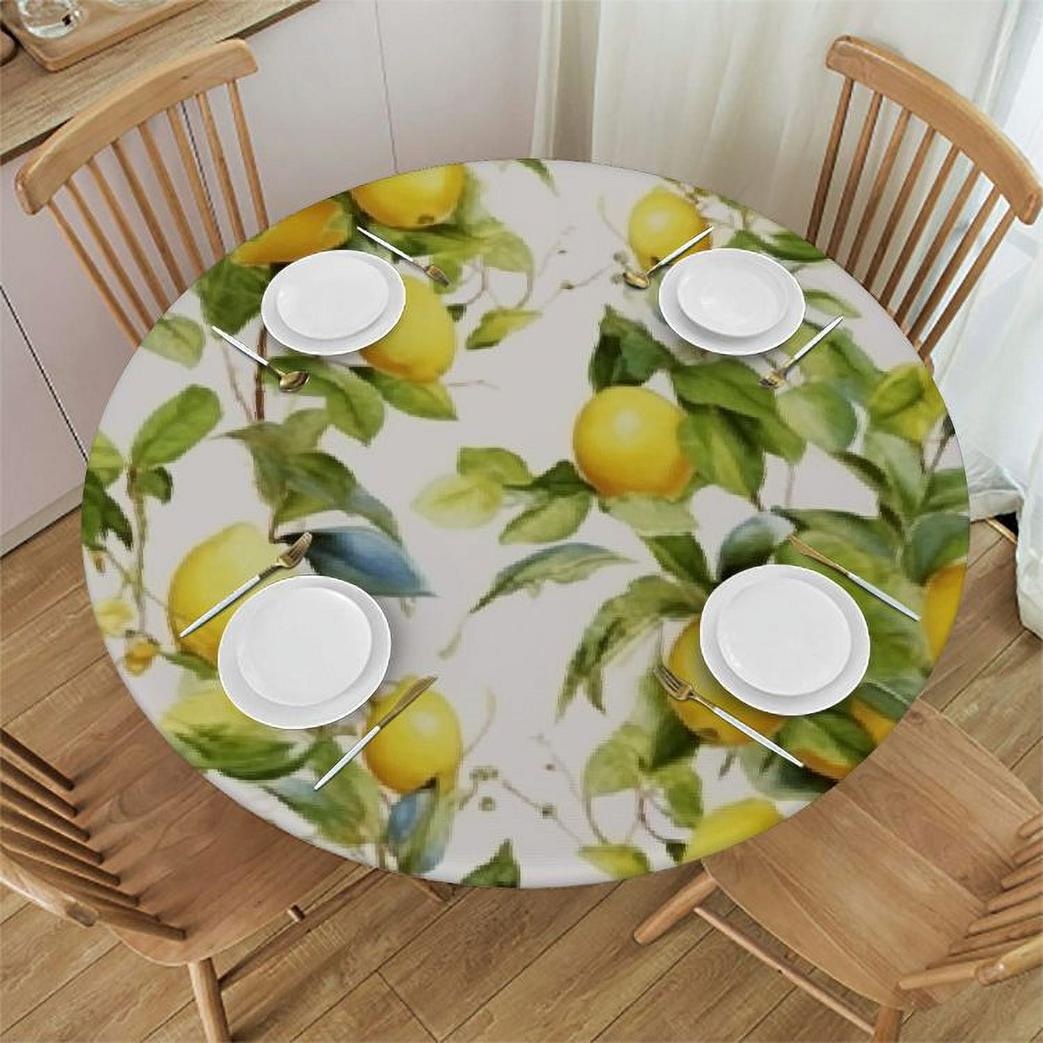 JEUXUS Lemon Tablecloth Round Retro Watercolor Lemon Yellow White Print ...