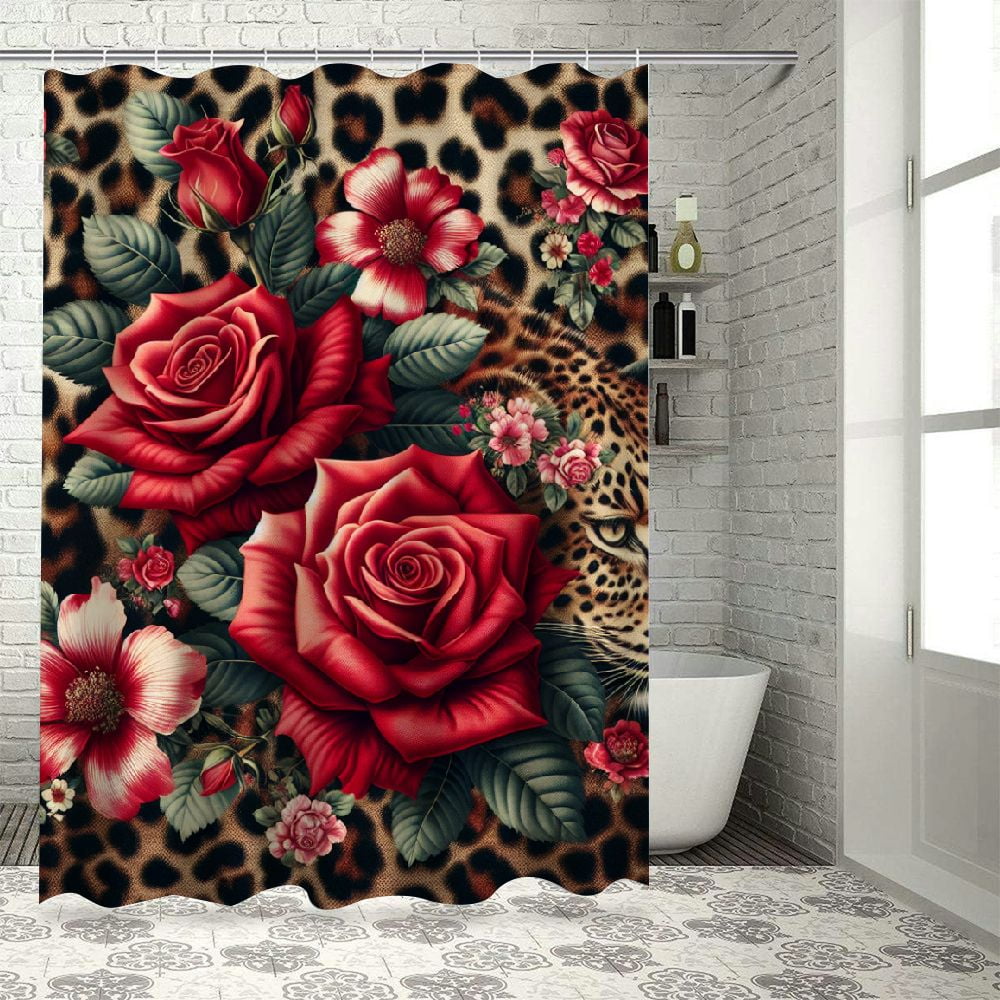 Jeuxus Leopard Print Red Rose Brown Cheetah Shower Curtain Set