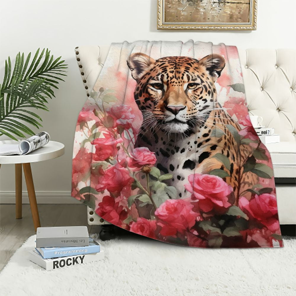 JEUXUS Leopard Throw Blanket Red Rose Printed Bed Blanket for Adult ...
