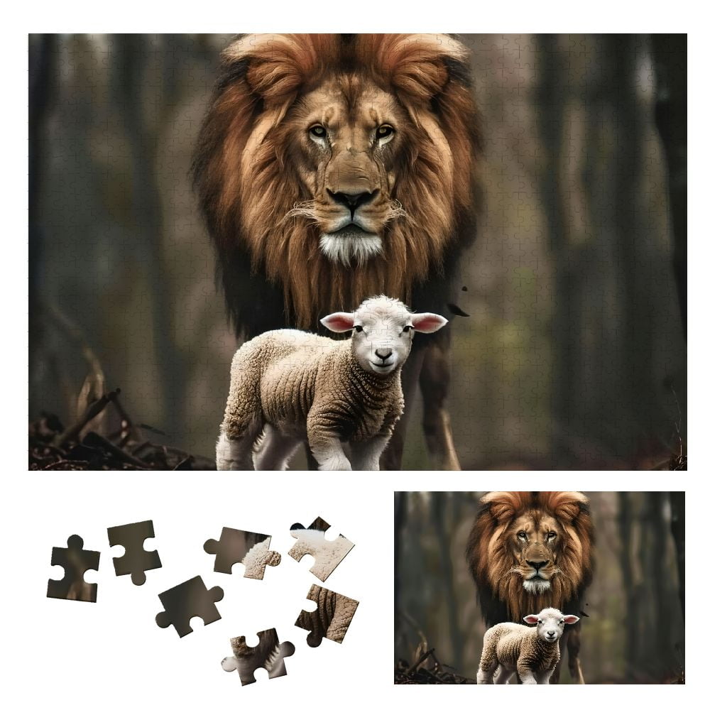 JEUXUS Lion Lamb Forest Wooden Jigsaw Puzzle Challenging Difficult Wood ...