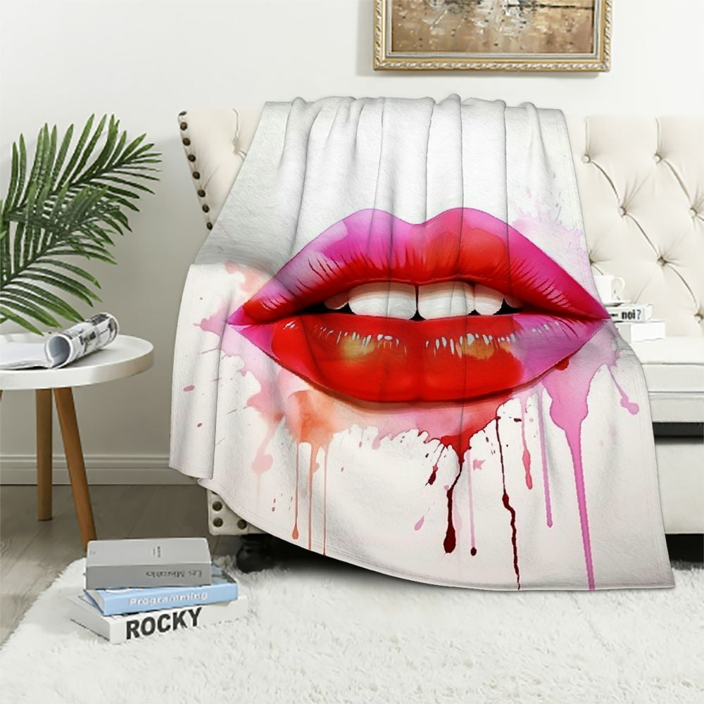 RUIYC Lip Blanket Woman Lips Mouth with Watercolor Red Doodle Throw ...