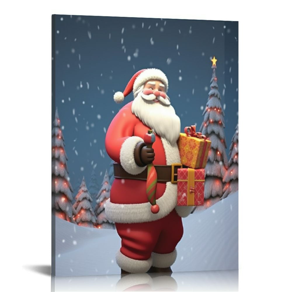 JEUXUS Merry Christmas Beautiful Snowscape and Santa Claus Modern Abstract Canvas Art Wall Decor ...