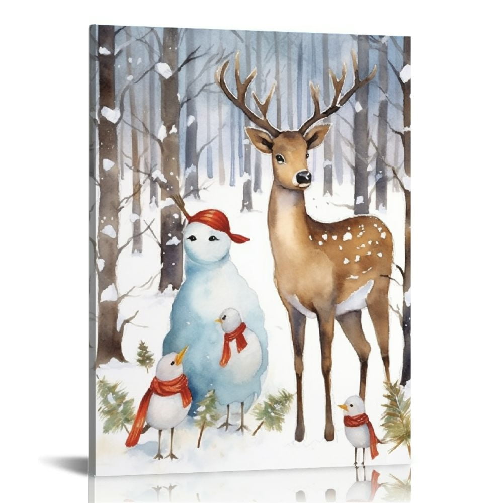 JEUXUS Merry Christmas Canvas Wall Art: Snowman Deer and Cardinal Red ...