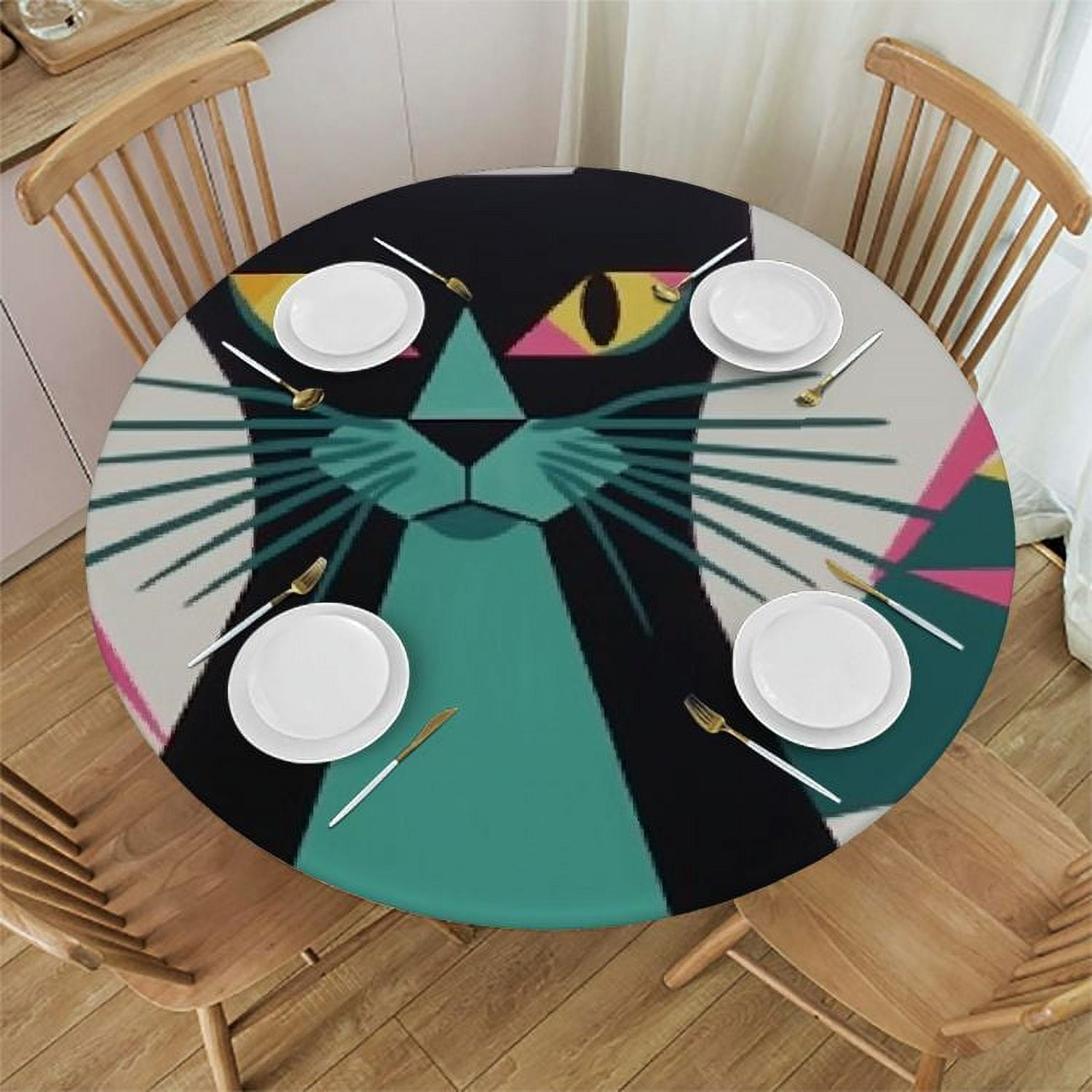 JEUXUS Mid Century Modern Cat Pattern Round Table Cloth, Elastic Edged ...