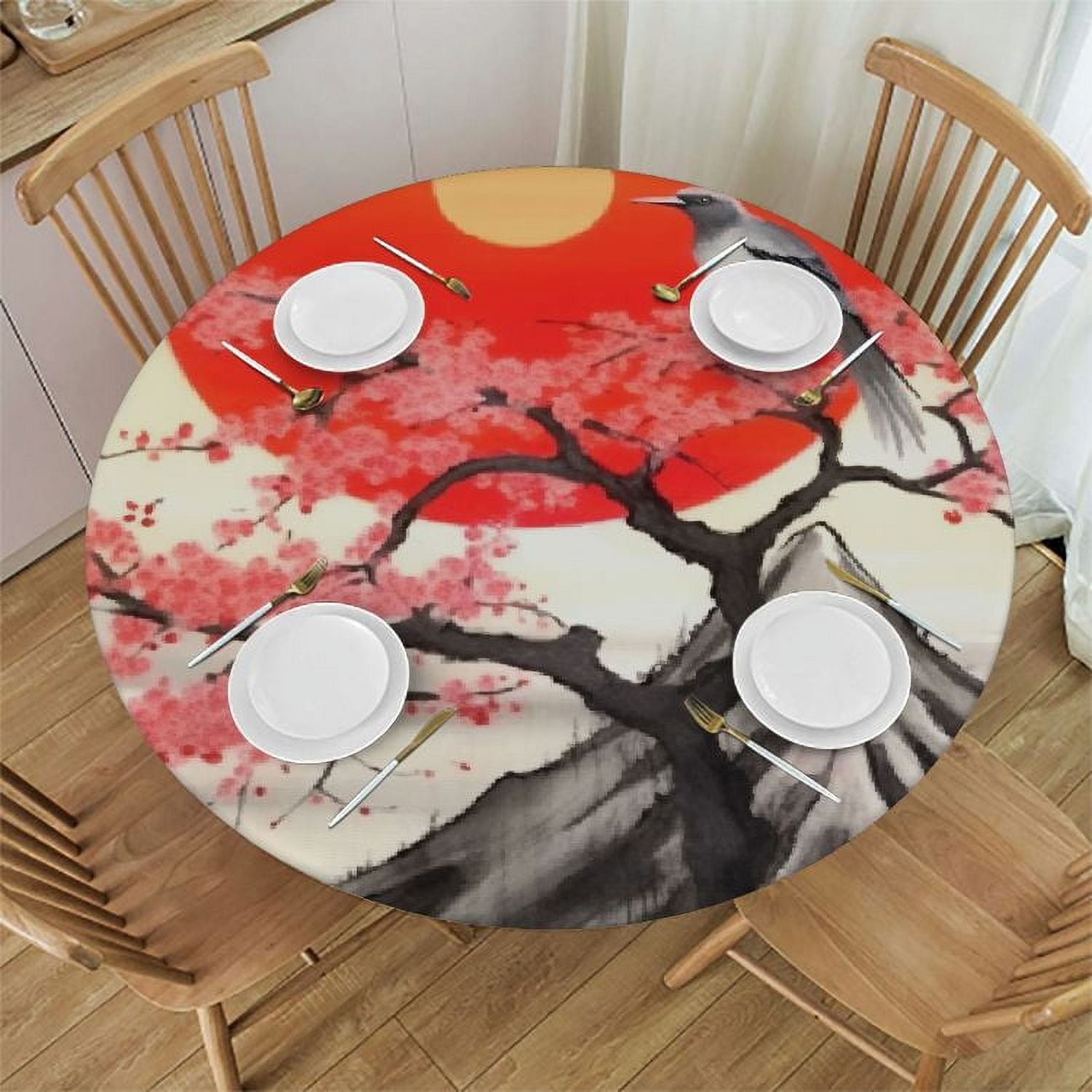JEUXUS Modern Japanese Mount Fuji Florals Round Tablecloth Washable ...