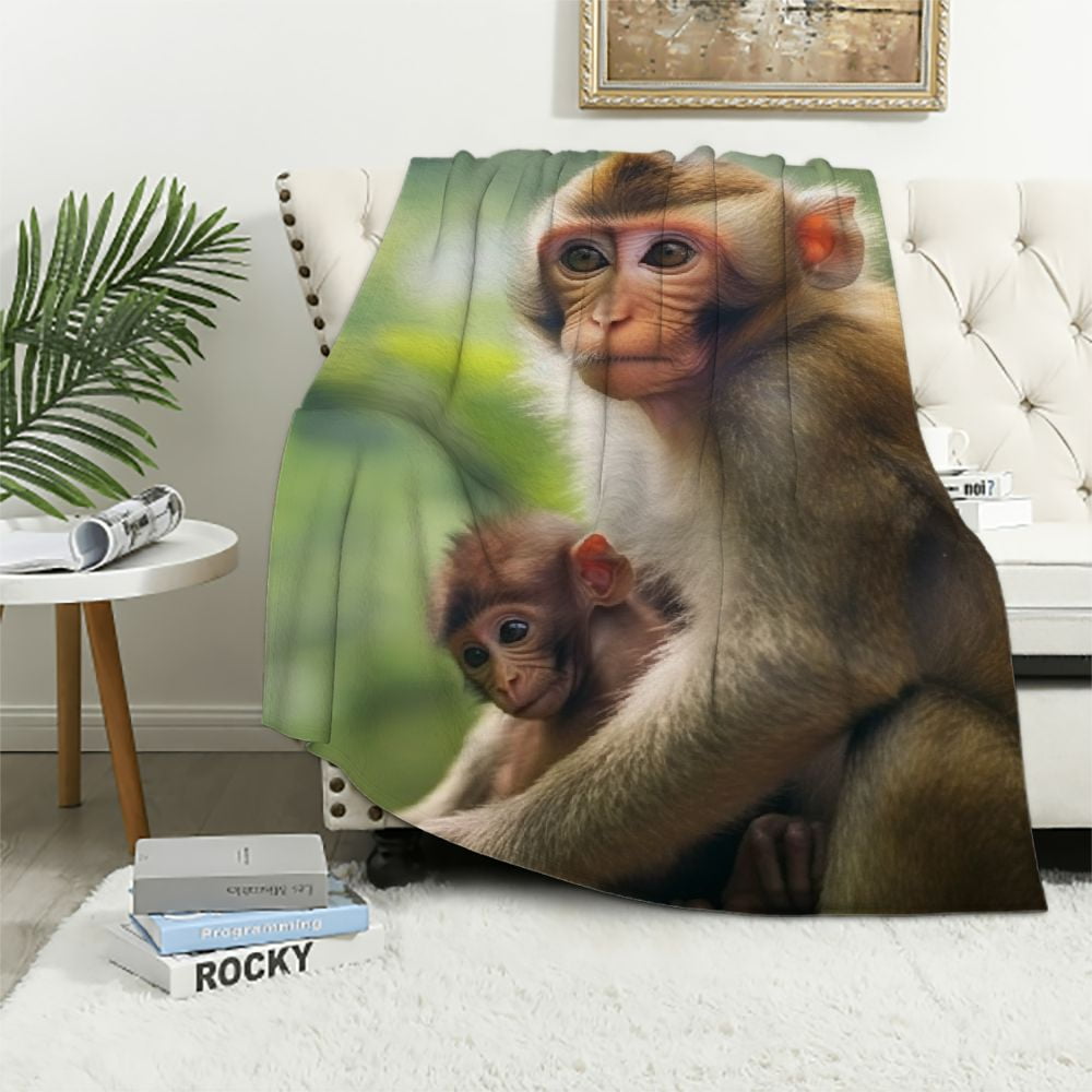 JEUXUS Monkey Sherpa Blanket Macaque Family Throw Blanket for Kids Boys ...