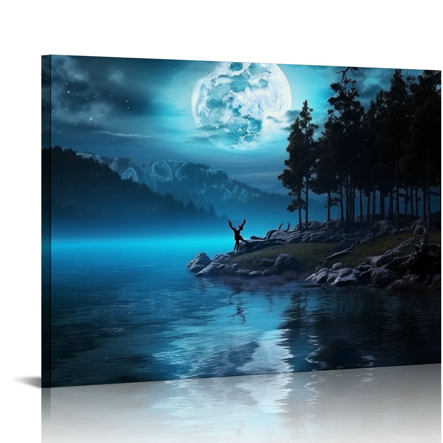 JEUXUS Moon Sea Ocean Landscape Pictures Canvas Wall Art Blue Wall Art ...