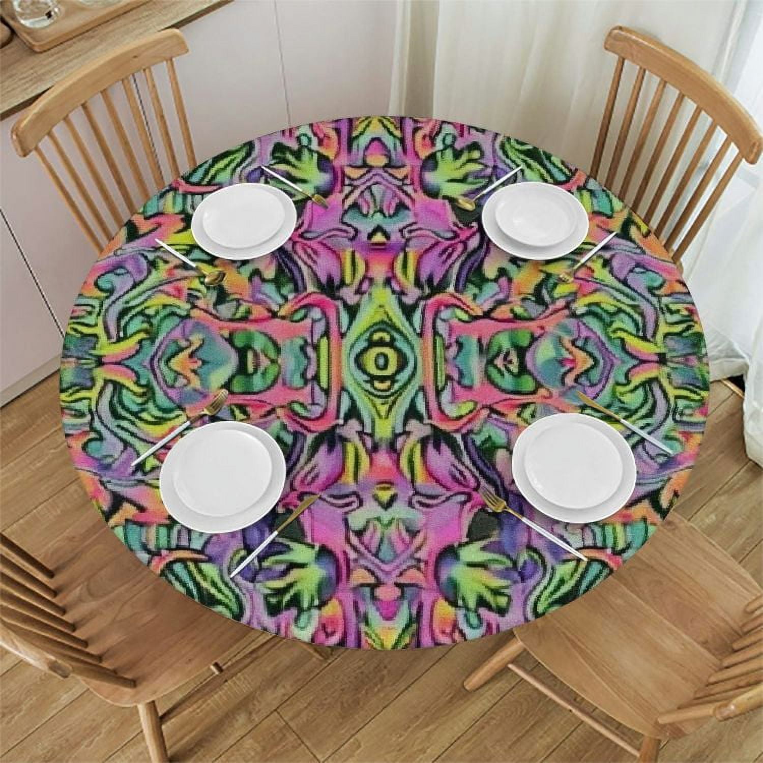 JEUXUS Multicolor Round Fitted Tablecloth with Elastic Edge Tropical ...