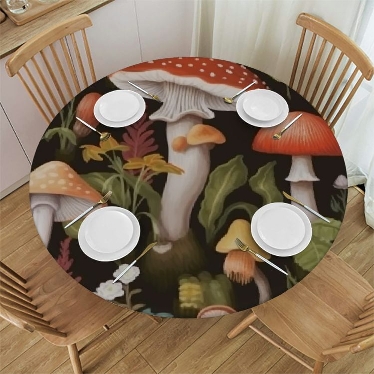 JEUXUS Mushrooms Round Tablecloths Table Covers with Elastic Polyester ...