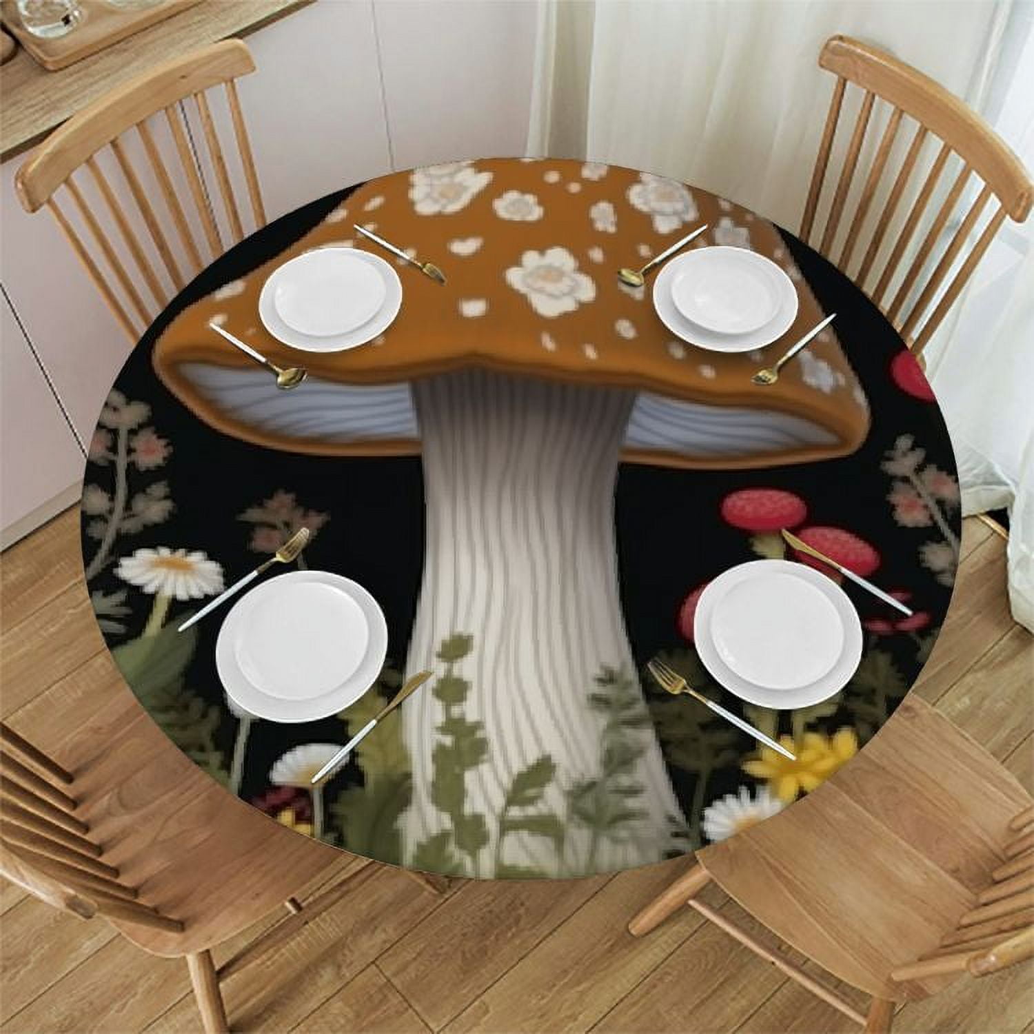 JEUXUS Mushrooms and Flowers Round Tablecloth Waterproof Tablecover for ...
