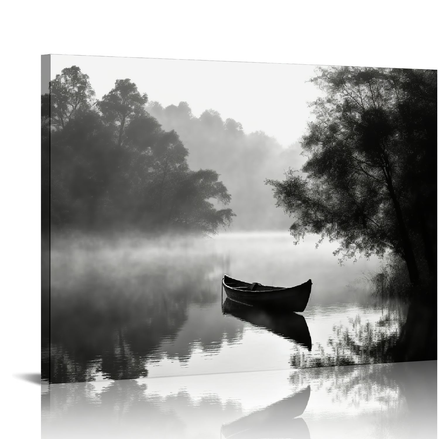 JEUXUS Nature Lake Wall Art Canvas: Foggy Forest Landscape Picture Water Scenery Print Black ...
