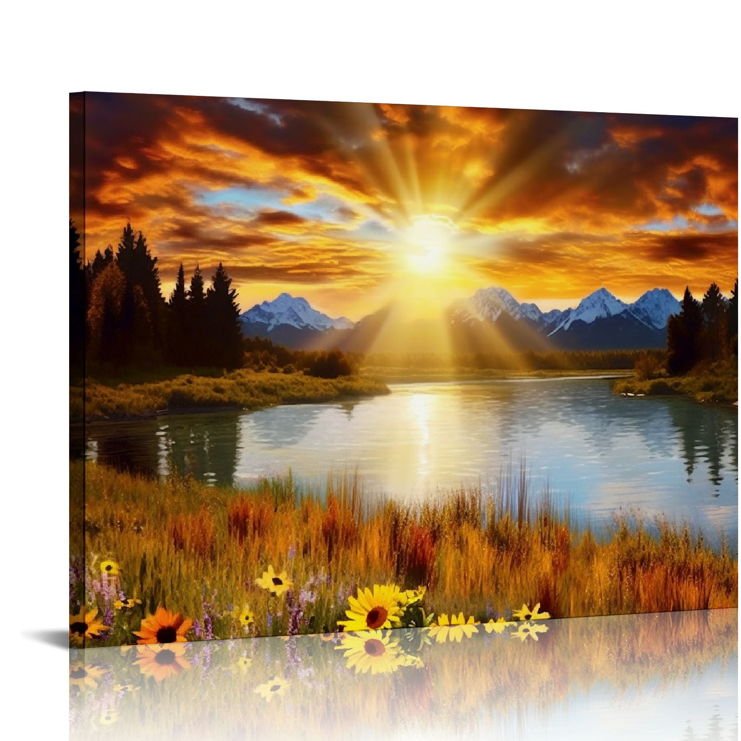 JEUXUS Nature Mountain Wall Art for Living Room, Sunflower Landscape ...