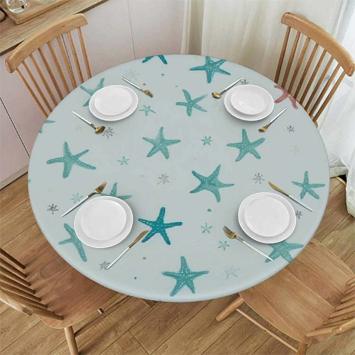 JEUXUS Nautical Coastal Tablecloth Round Rustic Blue Ocean Starfish ...