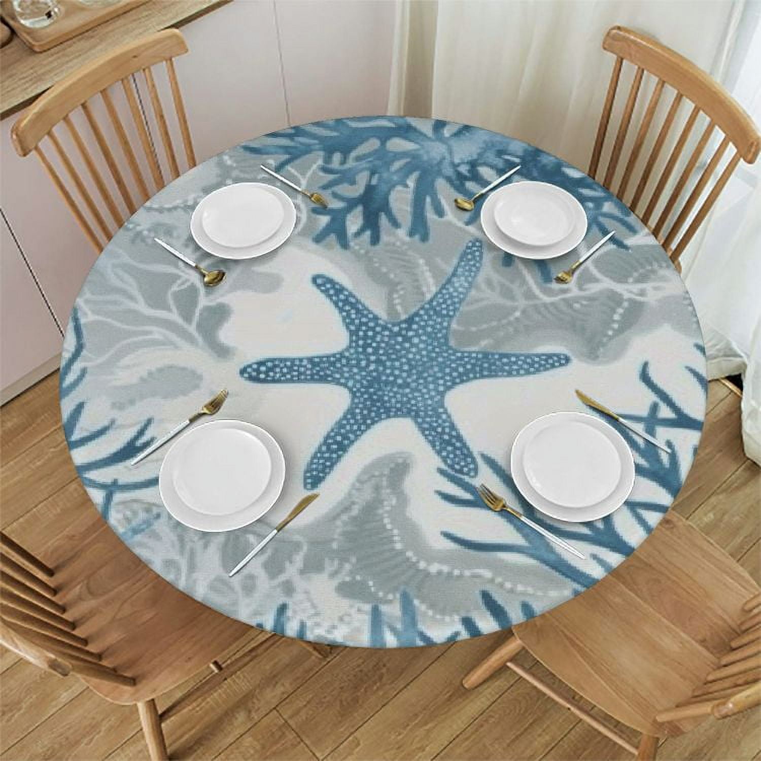 JEUXUS Nautical Coastal Tablecloth Round Summer Beach Starfish Coral ...
