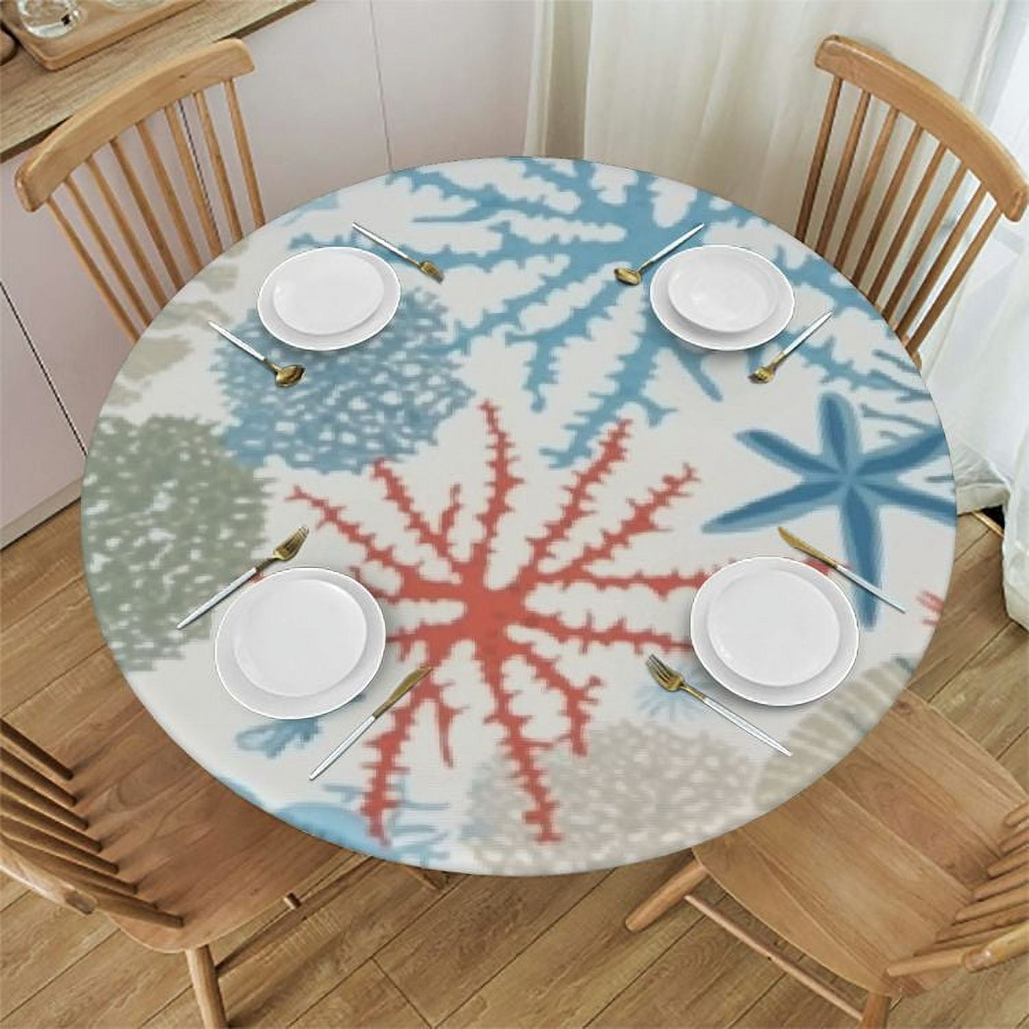 JEUXUS Nautical Coastal Tablecloth Round Summer Beach Starfish Coral ...