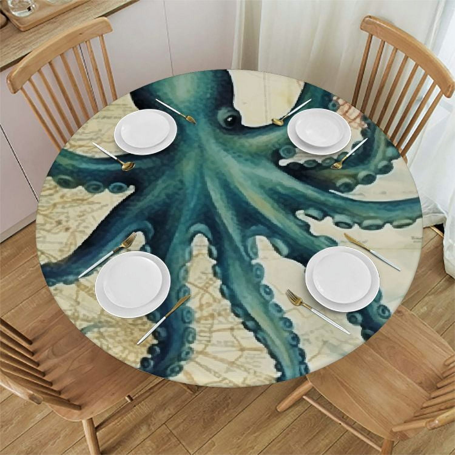 JEUXUS Nautical Octopus Sea Turtles Beach Round Table Cover,Elastic ...