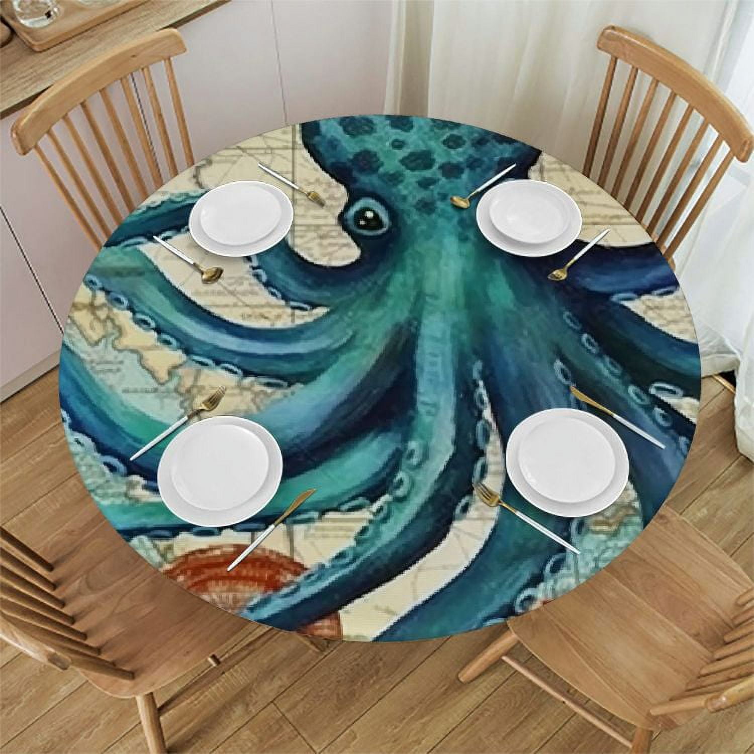 JEUXUS Nautical Octopus Sea Turtles Beach Table Cloth Cover,Elastic ...