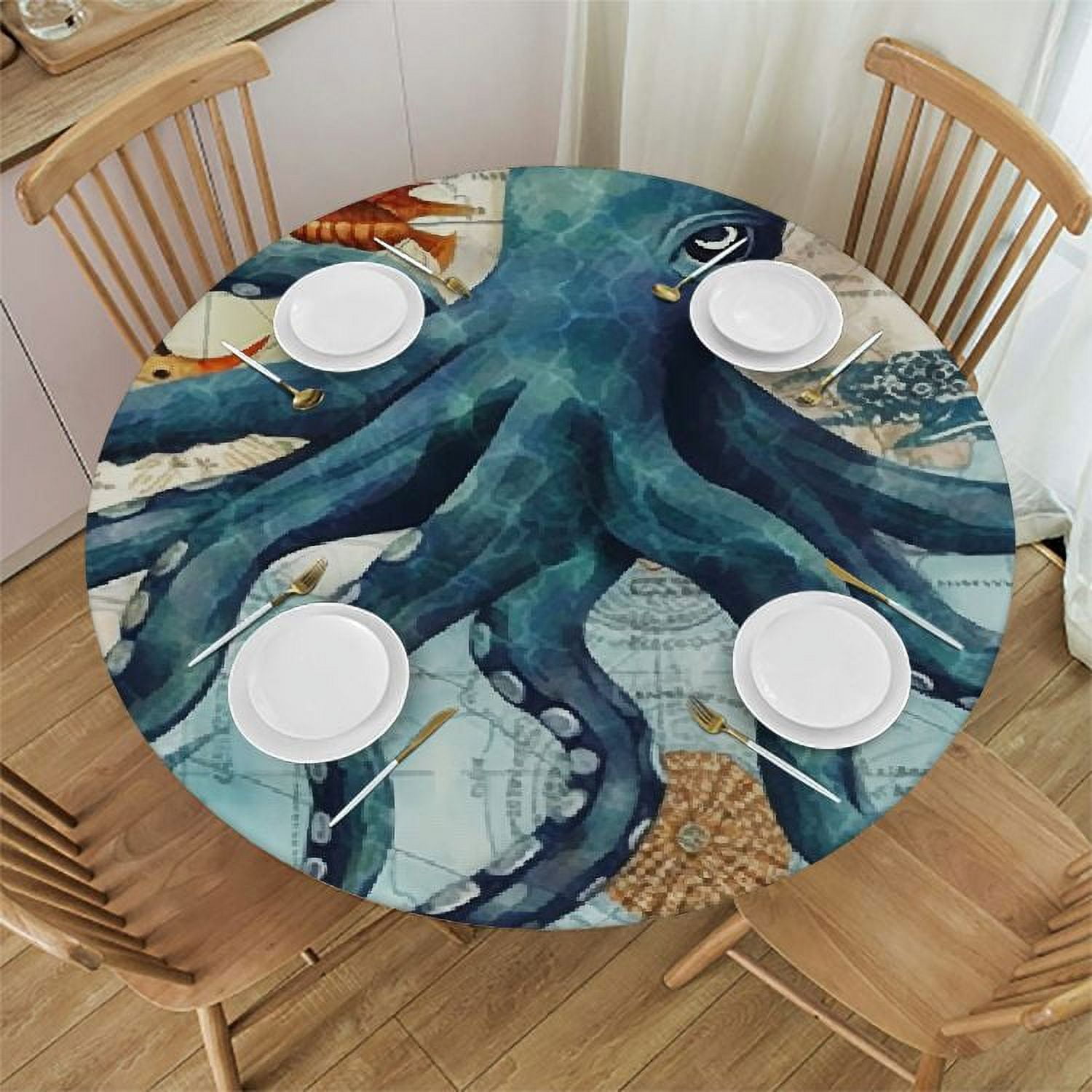 JEUXUS Nautical Octopus Sea Turtles Beach Table Cloth Cover,Elastic ...