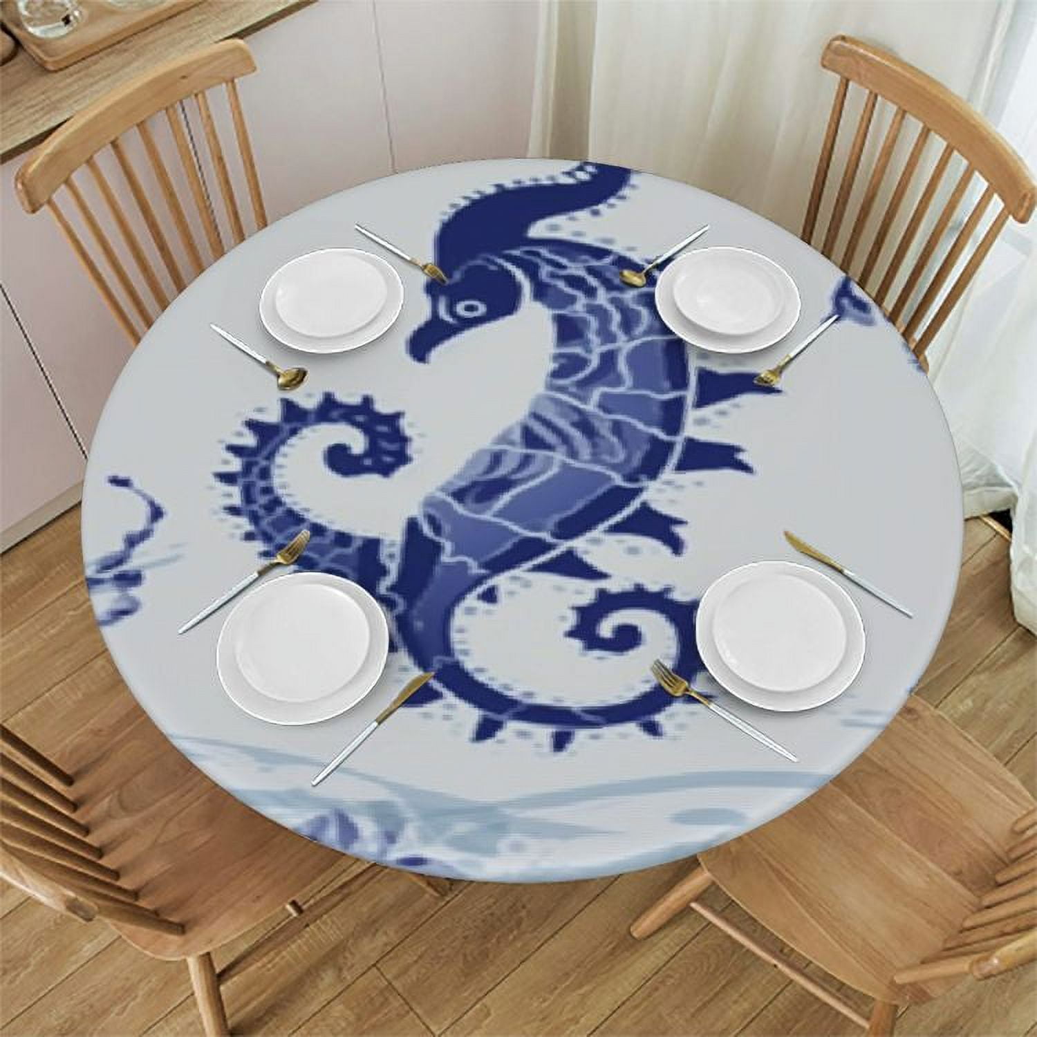 JEUXUS Nautical Round Tablecloth Ocean Creatures Anchor Seahorse Sea ...