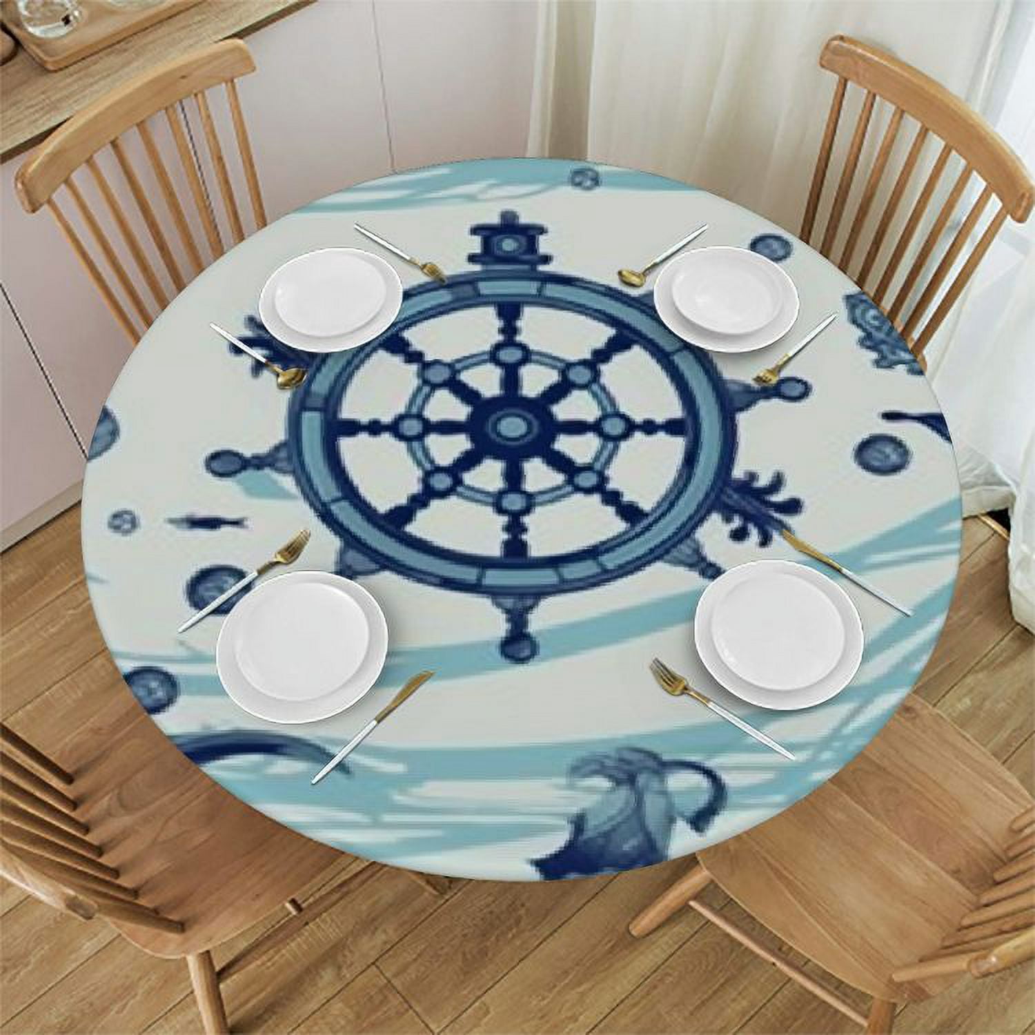 JEUXUS Nautical Round Tablecloth ,Ocean Creatures Anchor Seahorse Sea ...