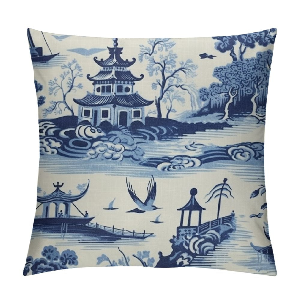 JEUXUS Navy Blue Chinoiserie Pillow Covers Asian Scenic Decorative ...